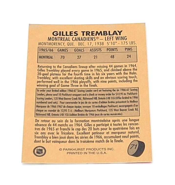 1995-96 Parkhurst Hockey 1966-67 Design Gilles Tremblay Montreal ...