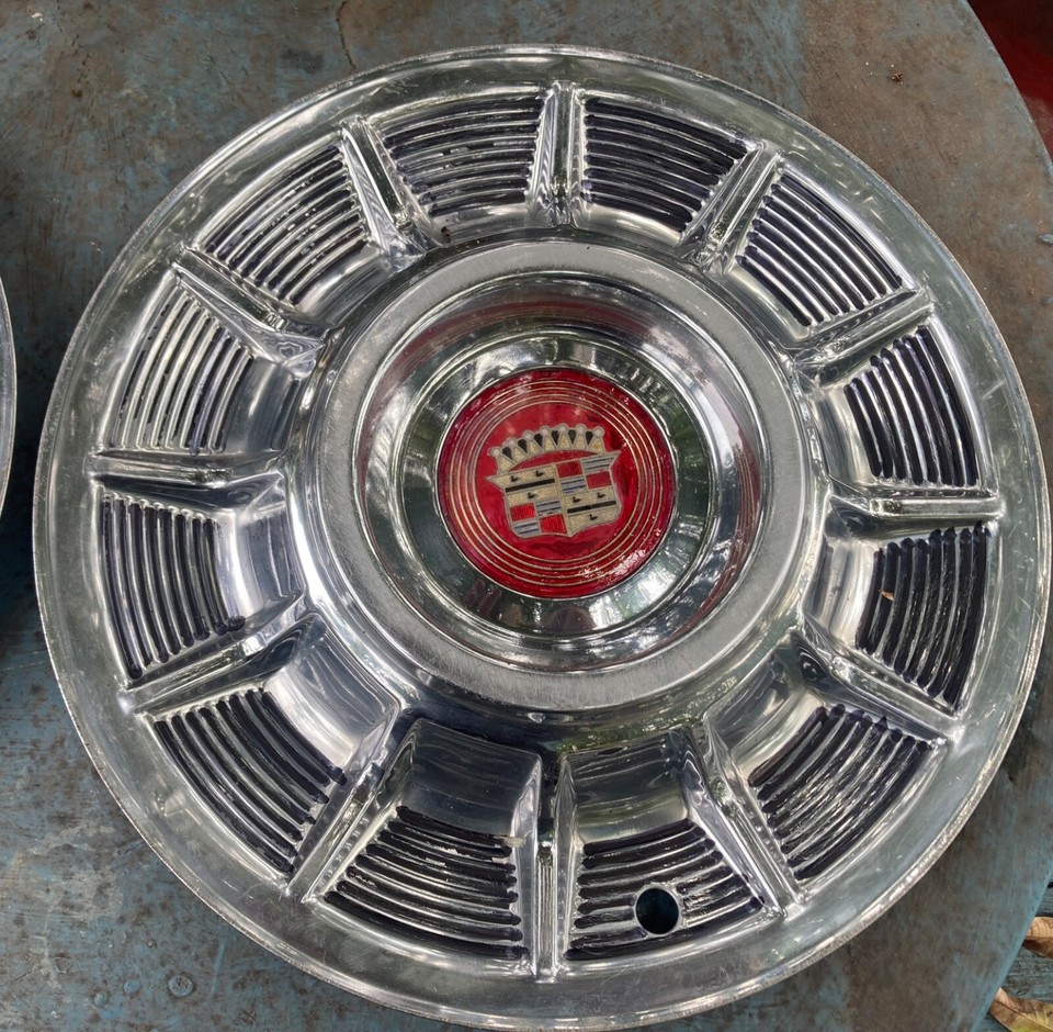 TWO 1957 Cadillac Hubcaps OEM, with repainted Center emblems, HOT ROD ...