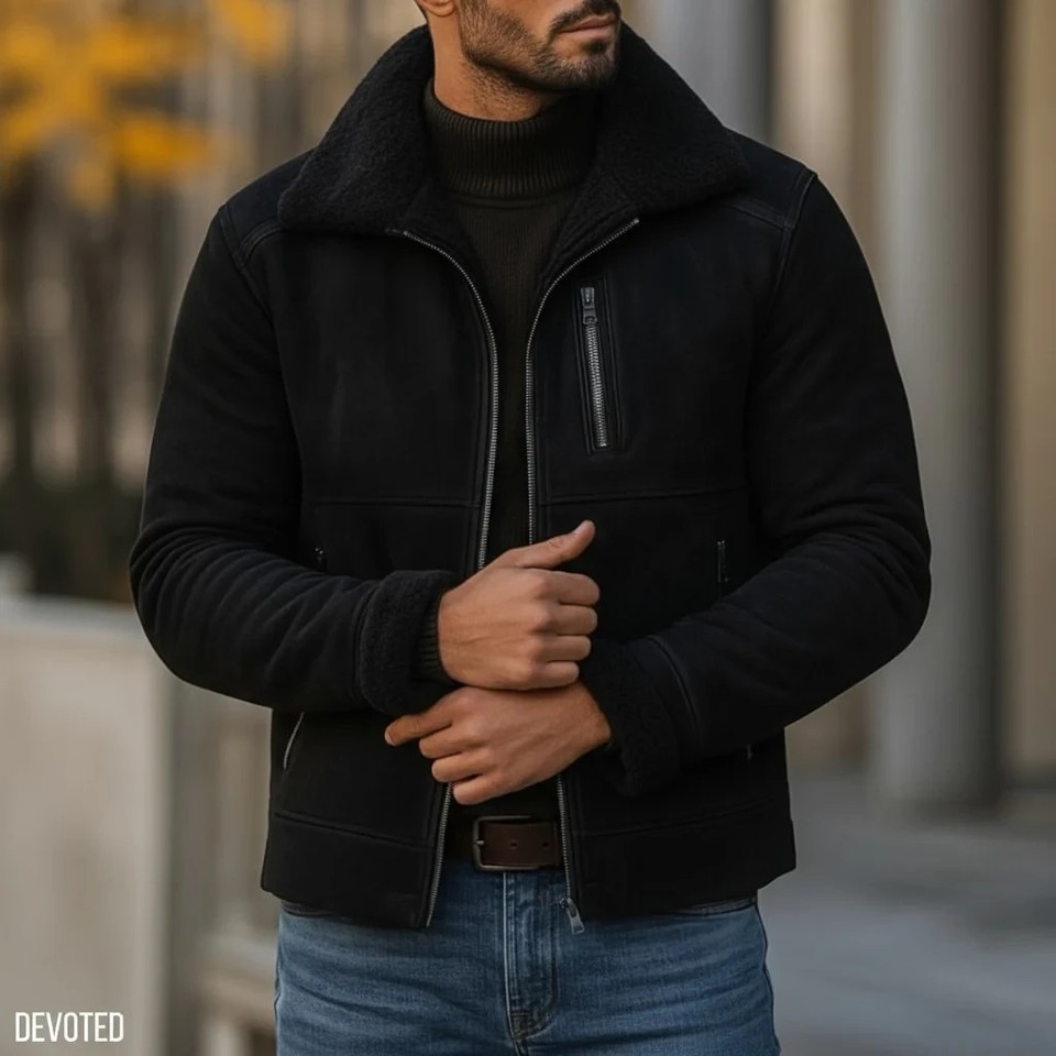 Men's Black Real Suede Faux Shearling Lined Winter Jacket Style Zip ...