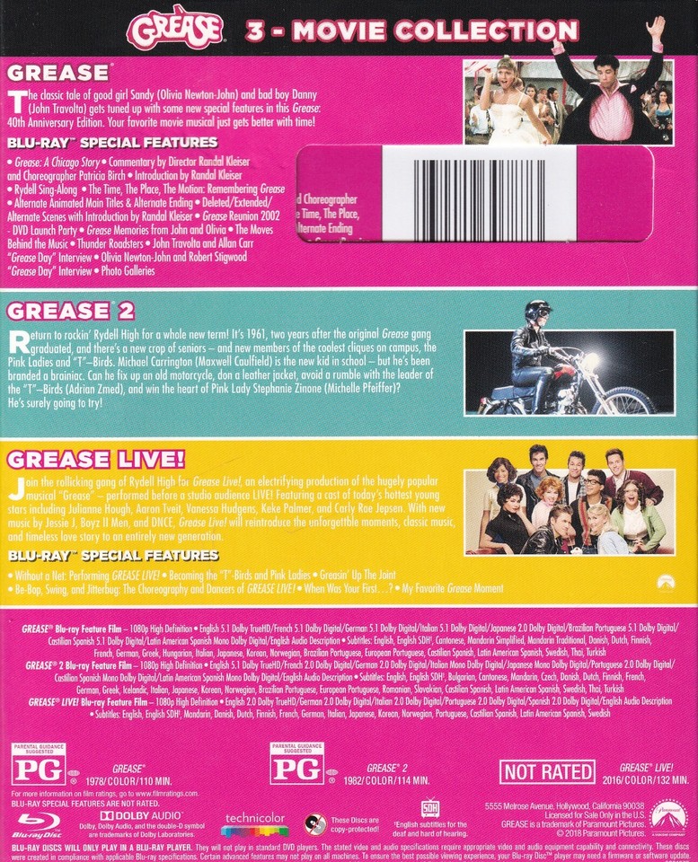 Grease / Grease 2 / Grease LIVE 3 Movie Collection (Blu-ray) Slipcover ...