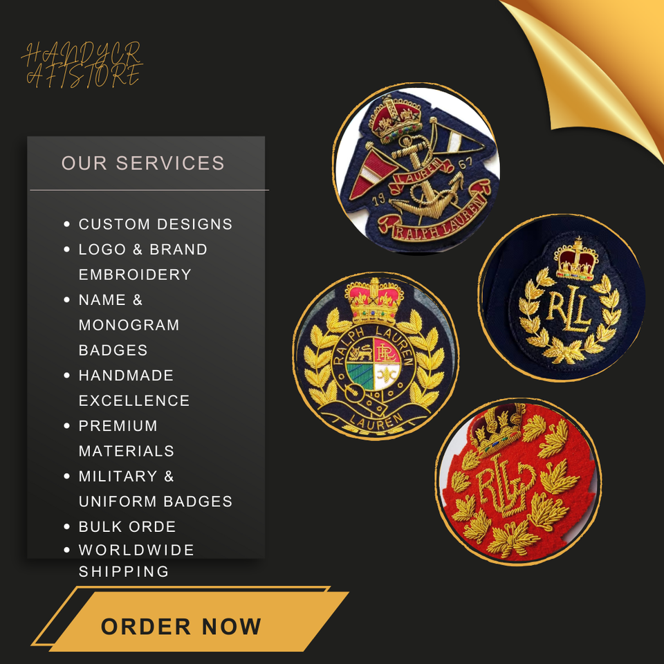 HANDMADE BULLION WIRE CREST BADGE PATCH CROWN SHIELD EMBLEM GOLD ...