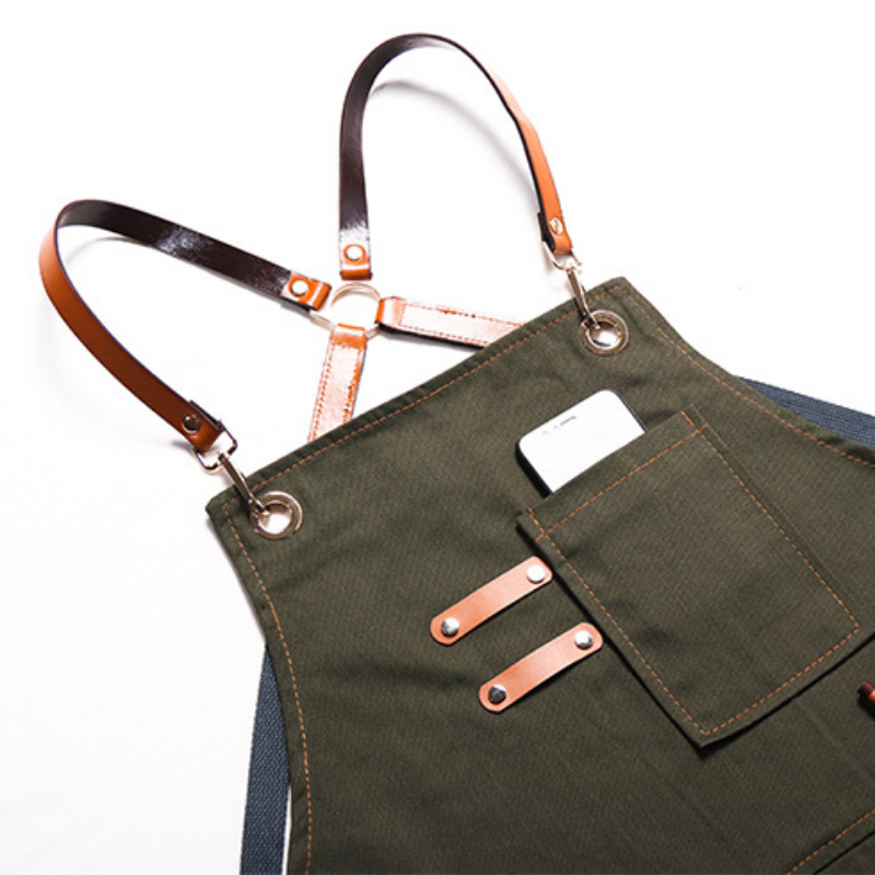 Denim Bib Apron Pu Leather Strap Gardener Cook Barista Waitress Work ...