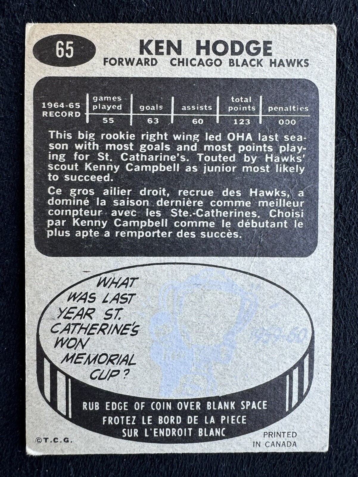 Ken Hodge 1965-66 Topps Rookie card #65 VG | eBay