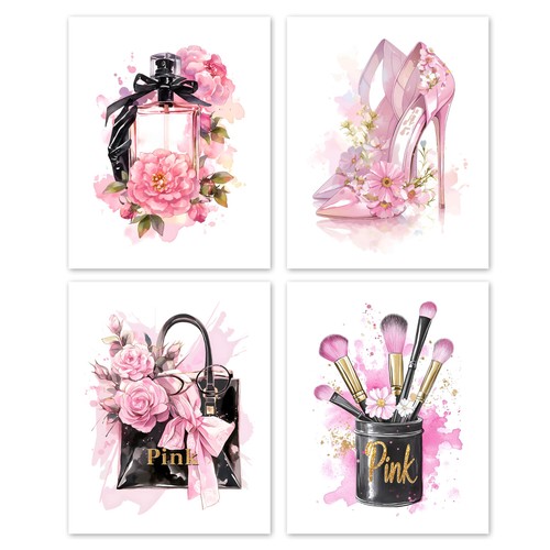 4 Pieces Funny Pink Wall Decor, Perfume Shoes Handbag Makeup Brushes ...