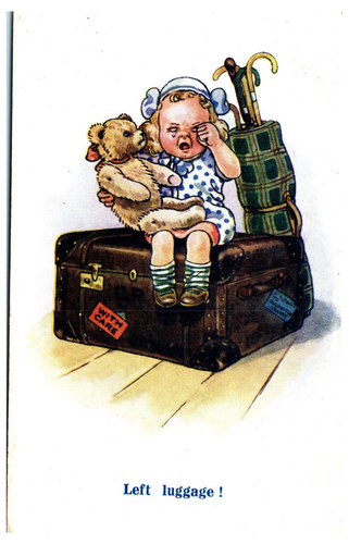 1910s "Left Luggage" Littl Girl Crying with Suitcase and Teddy Bear ...