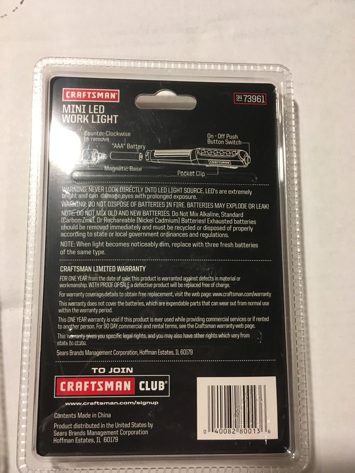 Craftsman Mini LED Work Light Magnetic Base 60 Lumens Pocket Size ...