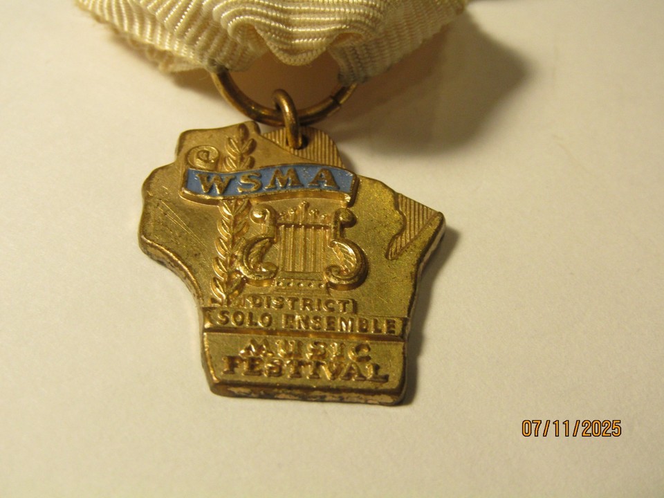 Vintage Wisconsin WSMA District Solo Ensemble Music Ribbon Medal Gold ...