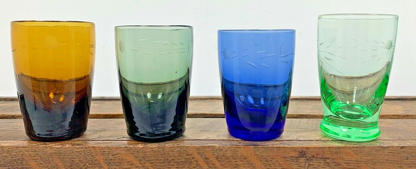 4 Vintage Hand Blown & Etched Multi Color Shot Glasses 2" x 1 1/2" | eBay
