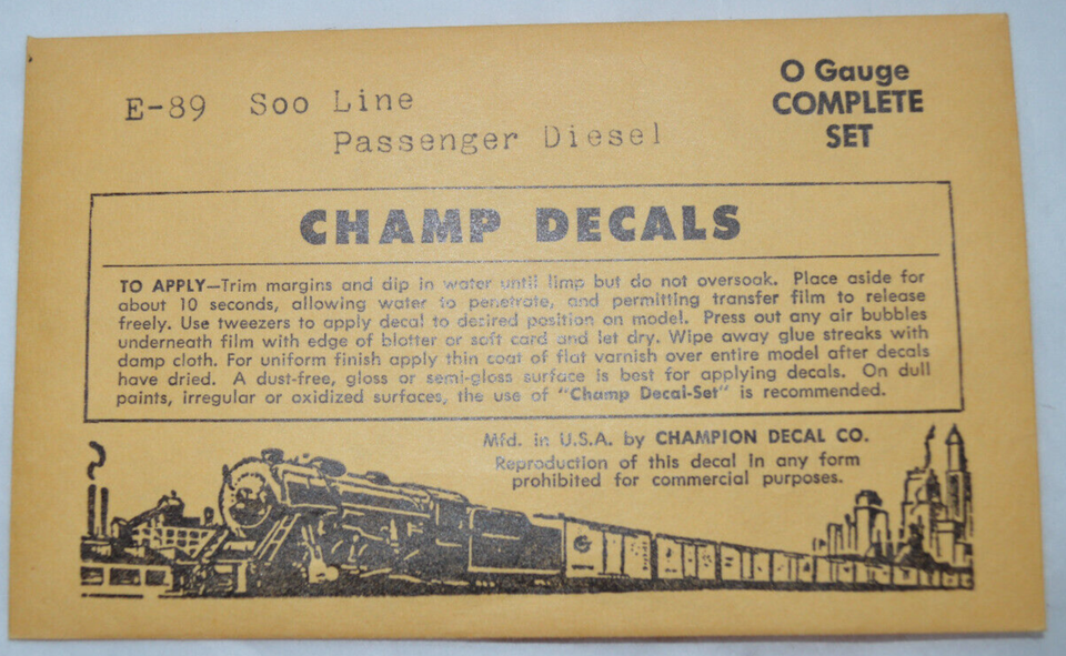 O Scale Champ Decals E-89 Soo Line Passenger Diesel | eBay