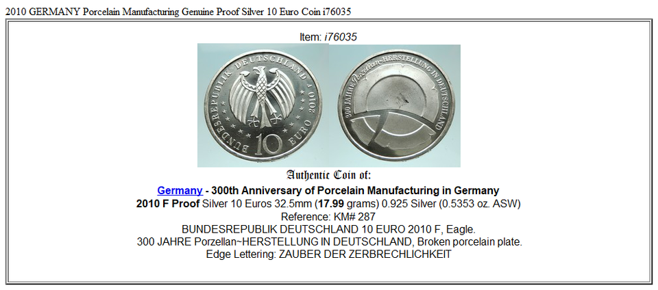 2010 GERMANY Porcelain Manufacturing Genuine Proof Silver 10 Euro Coin ...