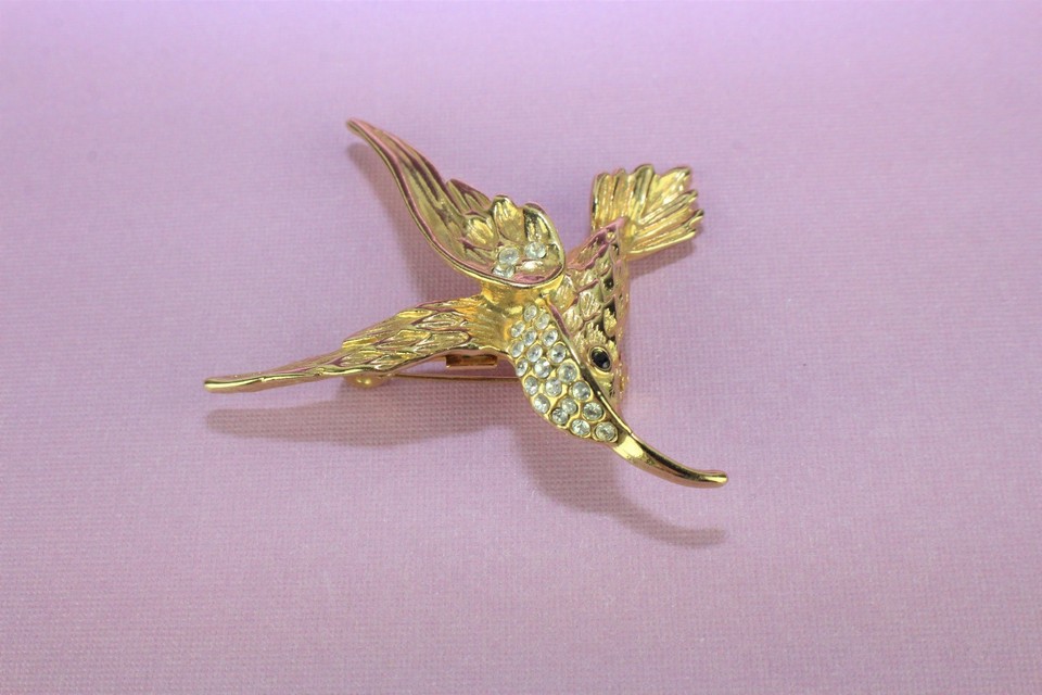 Womens Gold Tone Rhinestone Figural Hummingbird Brooch Pin | eBay