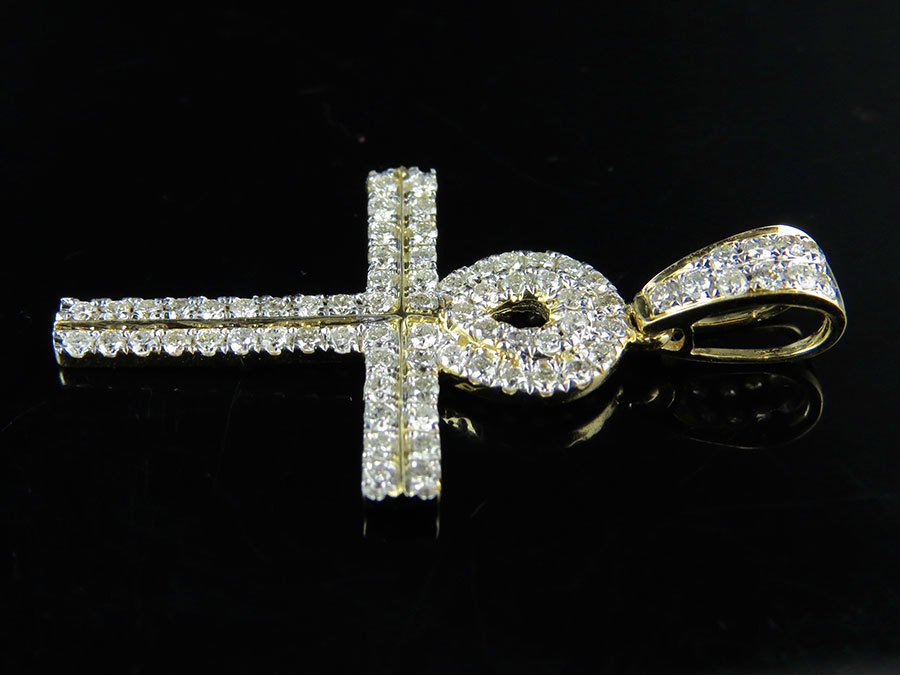 10K Yellow Gold Ankh Cross Two Row Genuine Diamond 1.5 Inch Pendant ...
