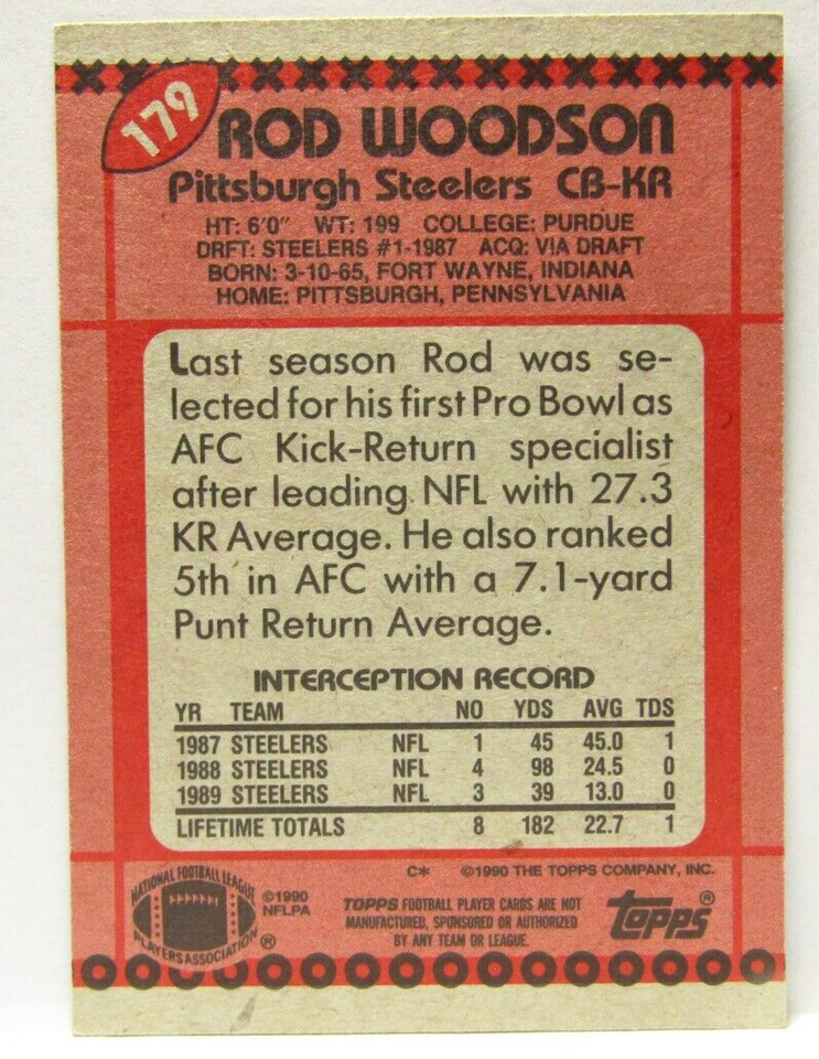 1990 Topps All Pro ROD WOODSON #179 - Steelers | eBay