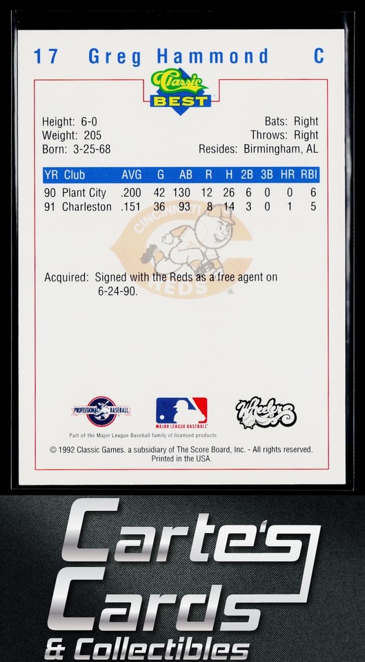 Greg Hammond 1992 Classic Best Charleston Wheelers #17 Cincinnati Reds ...