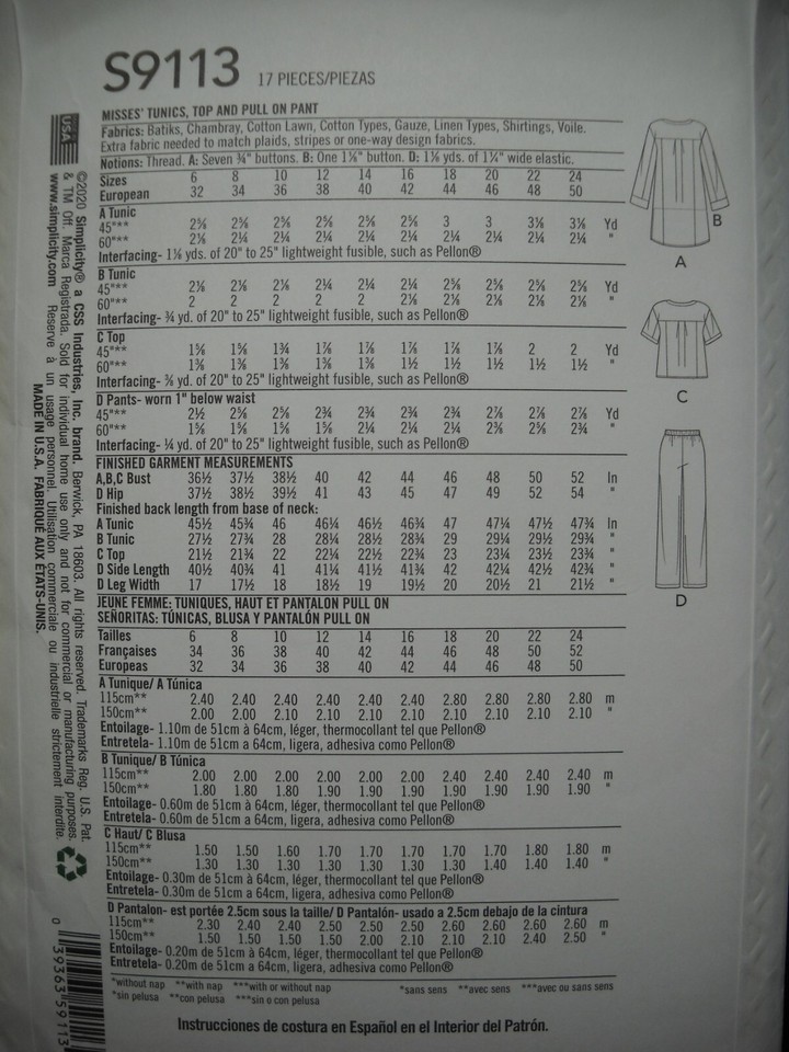 Tunic Top and Pull On Pants size 6-14 Simplicity 9113 Sewing Pattern ...
