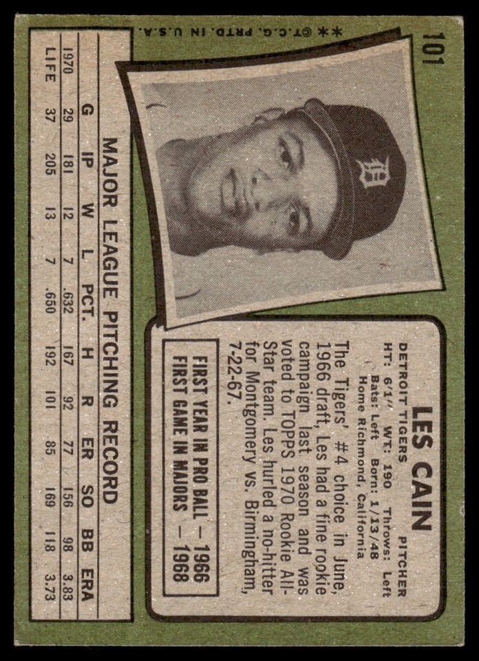 1971 Topps Les Cain #101 Detroit Tigers Baseball Card | eBay