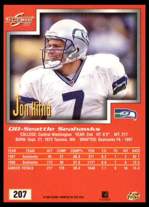 1999 Score #207 Jon Kitna Seattle Seahawks Football Card | eBay
