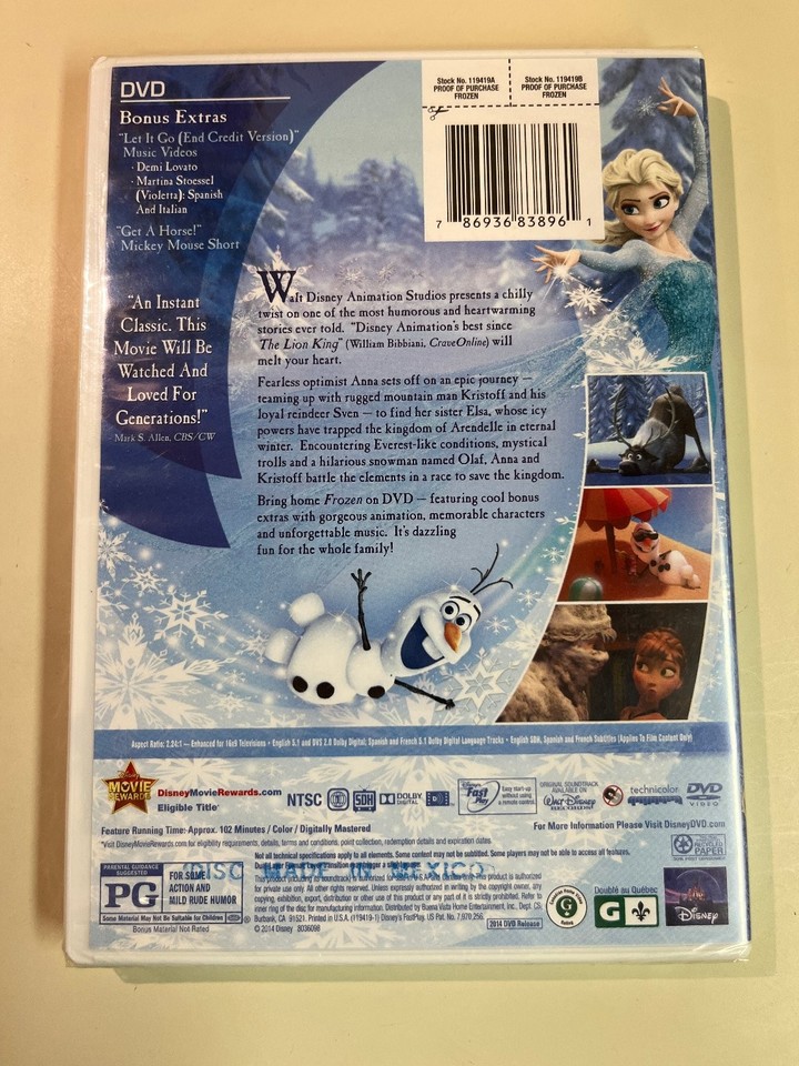 Frozen DVD, 2014 Disney Animation Adventure, Anna, Elsa, Olaf, Kristoff ...