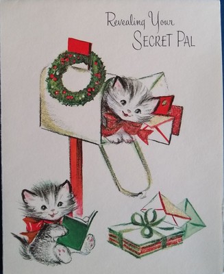 Vintage Glittered Christmas Greeting Card Kitten Kitty Cat Mail Box ...