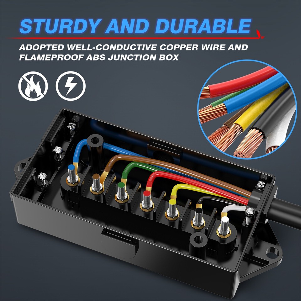 8ft/12ft/16ft 7 Way Trailer Cord Plug Junction Box Wiring Cable For RV ...