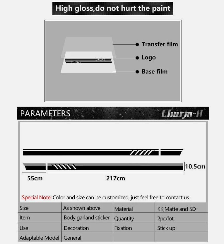 2X 217cm Auto Car Racing Stripes Side Stickers Stripes Trim Stripes ...