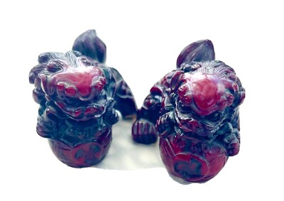 Chinese Foo Dog Lions Statutes Pair Red Resin Imperial Guards Feng Shui ...