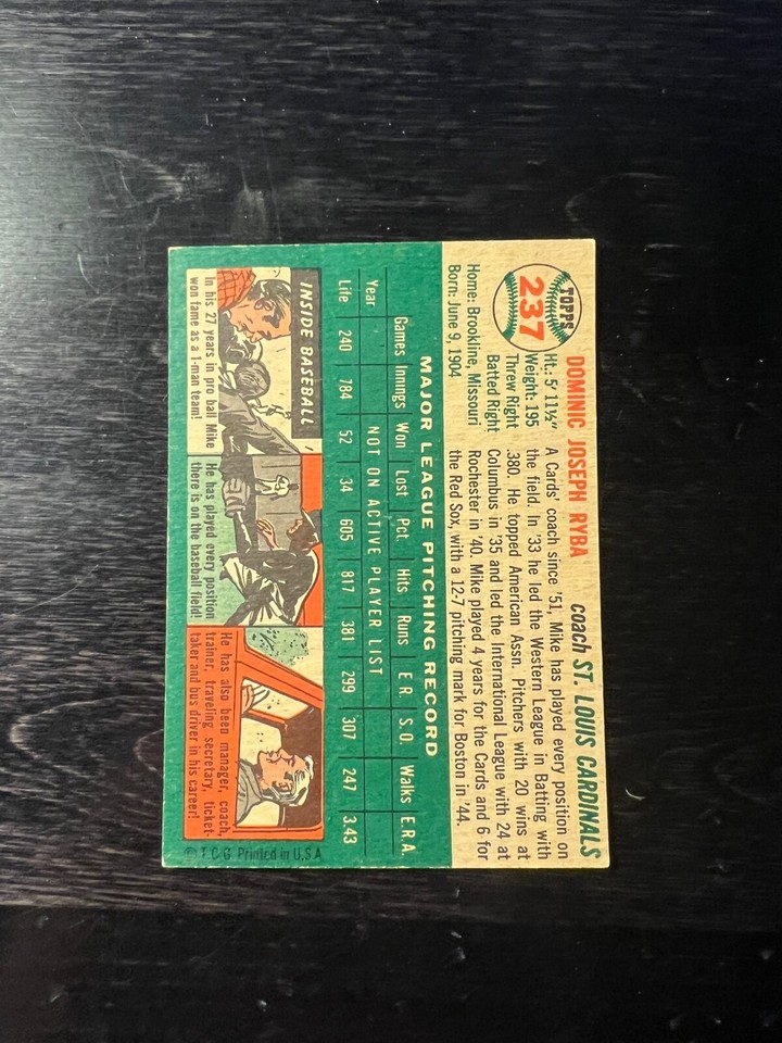 1954 TOPPS BASEBALL CARD #237 MIKE RYBA EXMT!!!!!!!!! | eBay