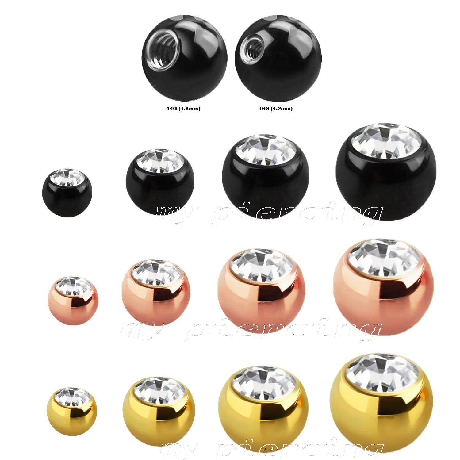 5pcs. 16G 14G Plated 316L Surgical Steel Threaded Gem Ball Replacement ...