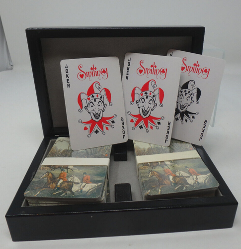 Vintage Smiling Joker Playing Cards 2 Deck Wooden Lacquered Box Set Fox ...