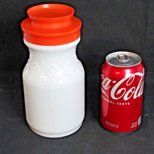 Vtg White Milk Glass Bottle Embossed Flowers Orange Plastic Lid Maxwell ...