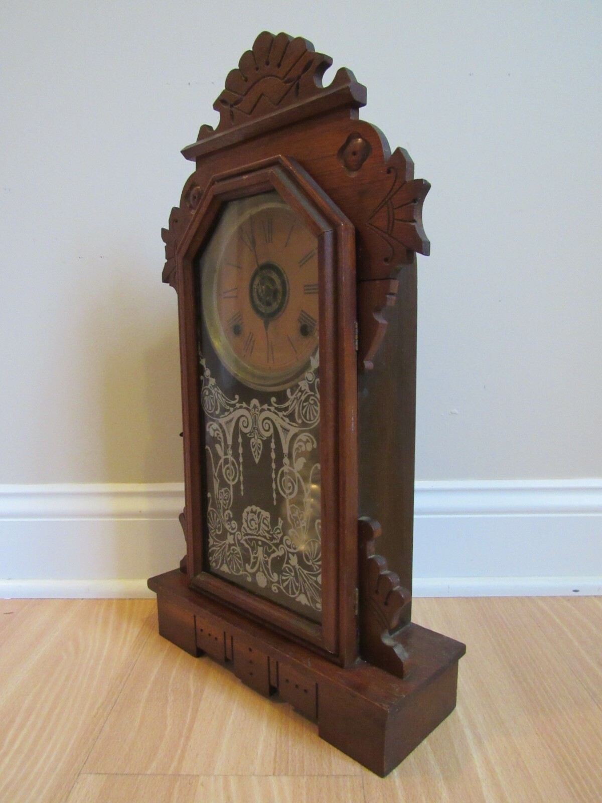 rare antique gingerbread clock ANSONIA mantel ALARM kitchen REVERSE ...