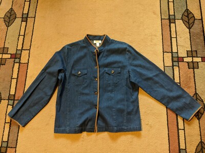 Talbots Denim Jean Blue Jacket Brown Trim - Women Size Petite Large PL ...