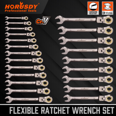 Flex Head Ratcheting Wrench 6-32mm Spanner 72-tooth 180 Degree Pivoting ...
