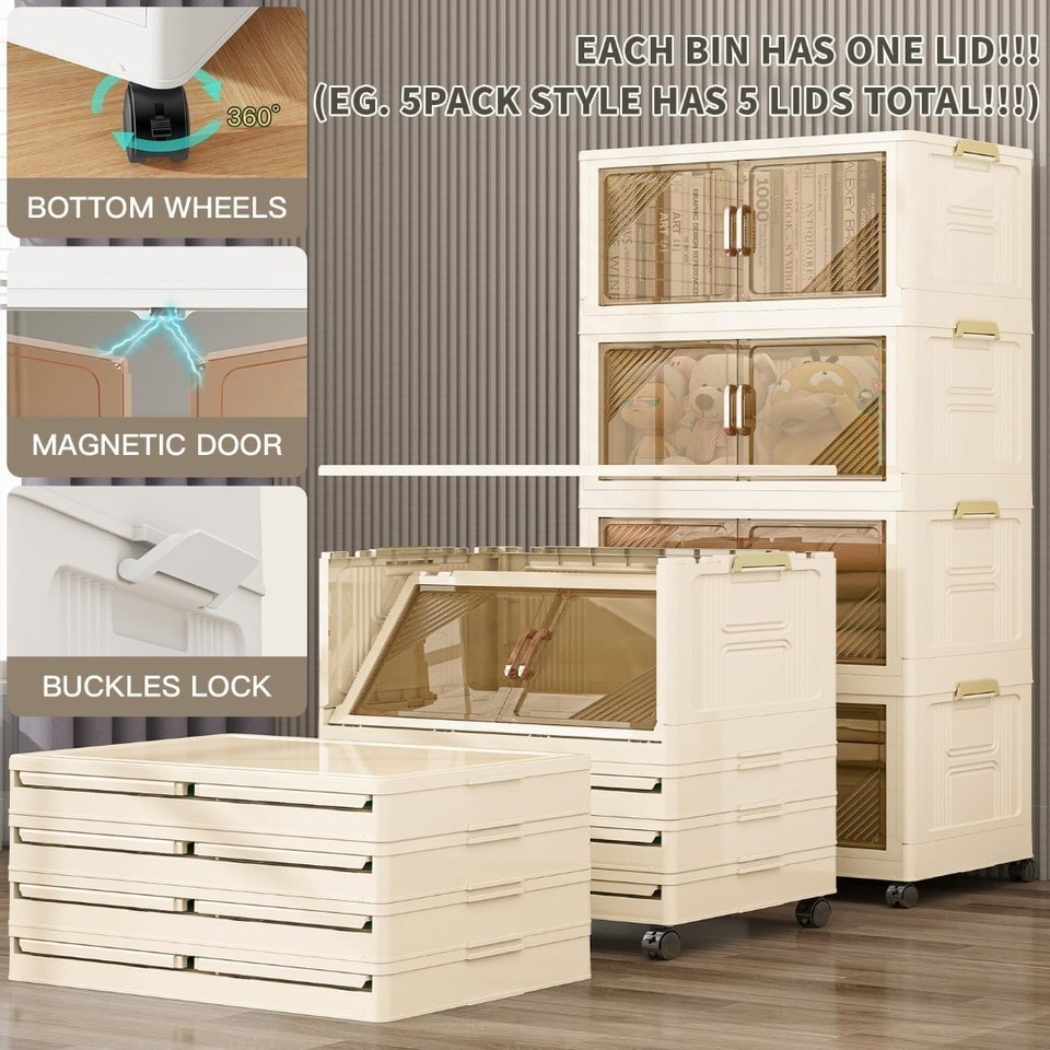 Storage Bins with Lid 5 Pack 30L Beige Stackable Plastic and Wheels ...