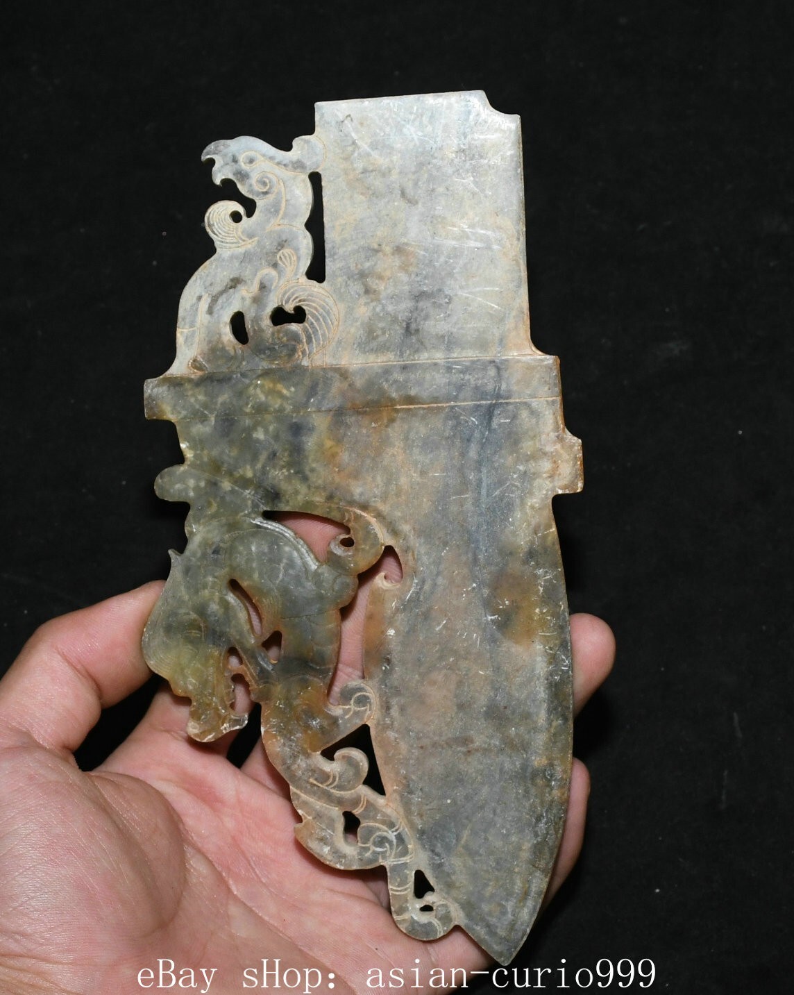 7" Han Dynasty Hetian Jade Carved Dragon Loong Beast Animal Sword Yubi ...