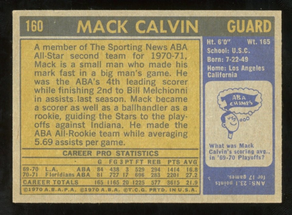 1971-72 TOPPS BASKETBALL #160 Mack Calvin NM-MT Rookie MIAMI FLORIDIANS ...