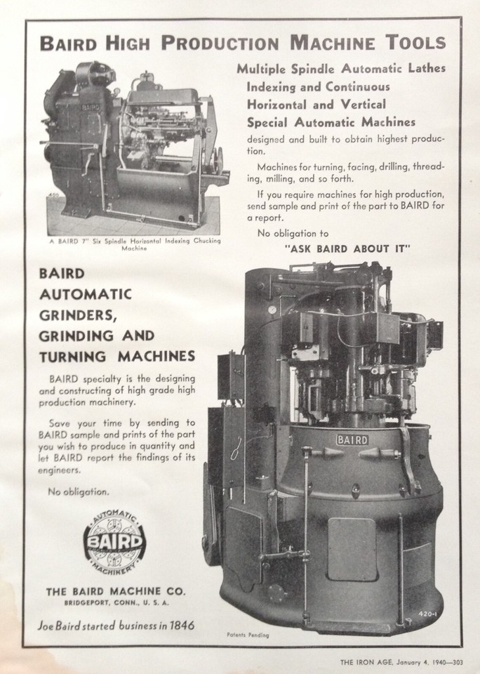 1940 AD(J18)~BAIRD MACHINE CO. BRIDGEPORT, CONN. GRINDING AND TURNING ...