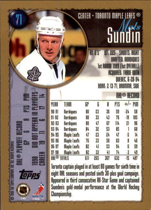 1998-99 Topps Maple Leafs Hockey Card #71 Mats Sundin | eBay