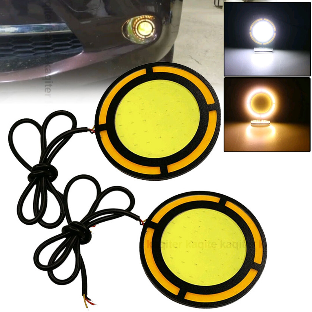 2PCS 73mm White+Amber Round COB Car Daytime Running Lights LED Driving ...