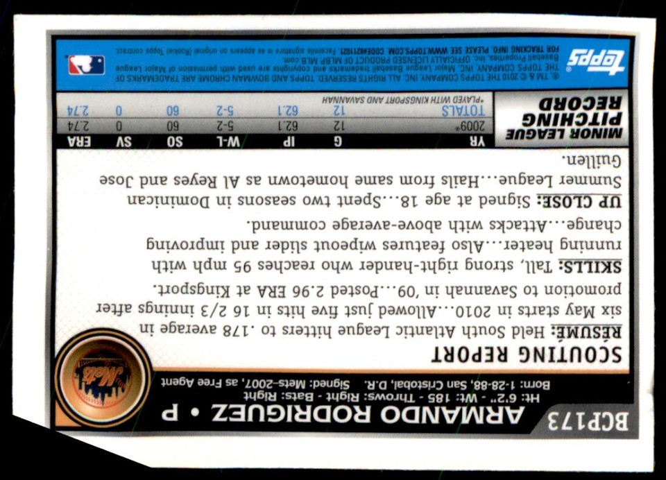2010 BOWMAN CHROME PROSPECTS ARMANDO RODRIGUEZ NEW YORK METS #BCP173 | eBay