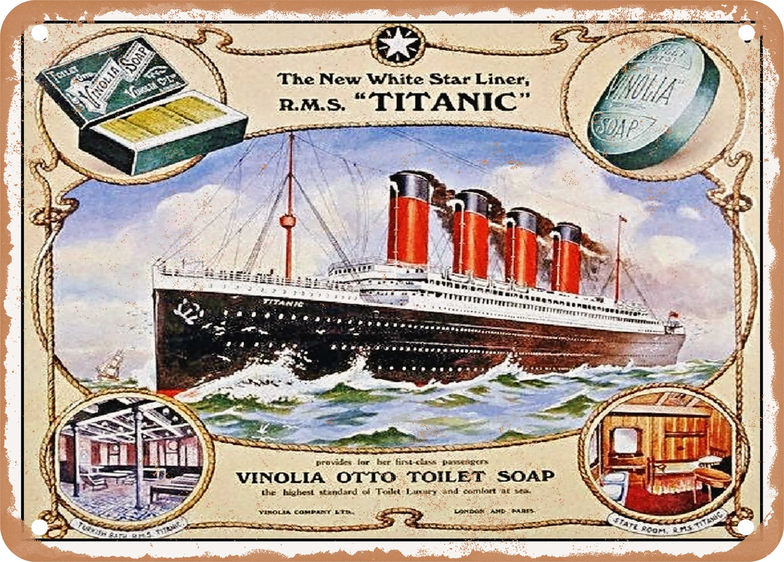 METAL SIGN - 1912 The New White Star Liner RMS Titanic Vinolia Otto ...