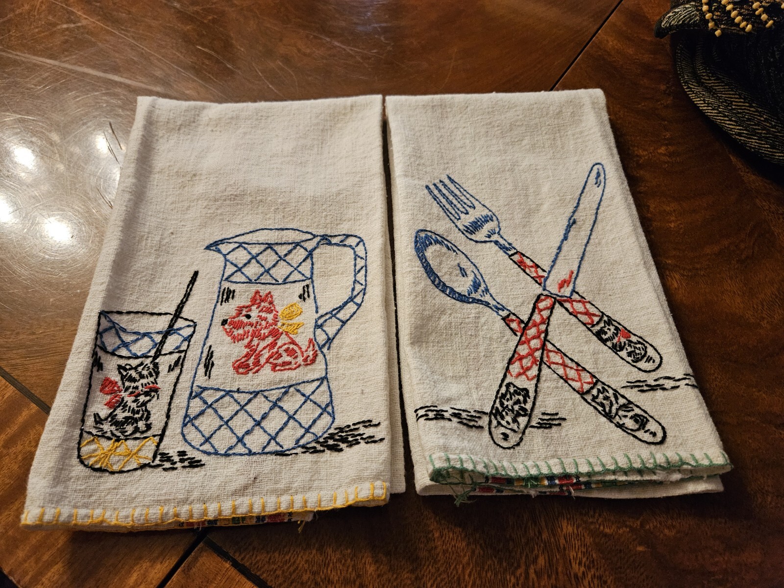 Vintage Embroidered Linen Kitchy Kitchen Dish Towels Set Of 2 | eBay