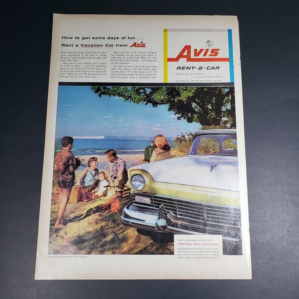 Avis Rent A Car Ford Fairlane Car Beach Family Cooking Over Fire Print ...