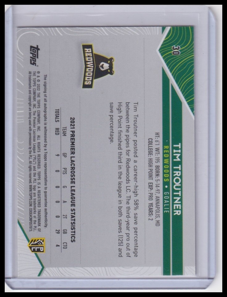 Topps PLL Lacrosse California Redwoods Tim Troutner Auto | eBay