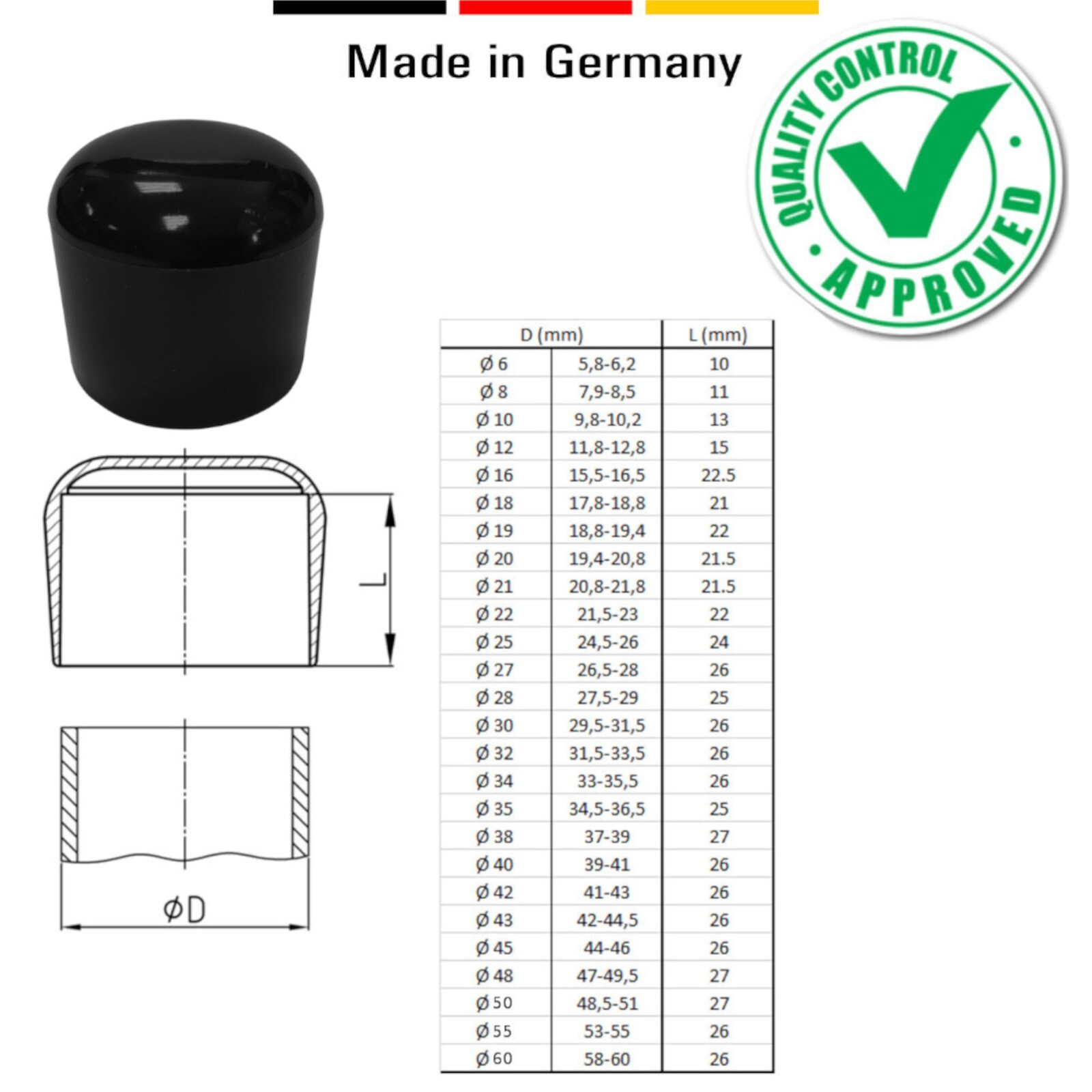 5x Round end cap for tube Ø6-60mm PVC plastic cover pipe protect ...