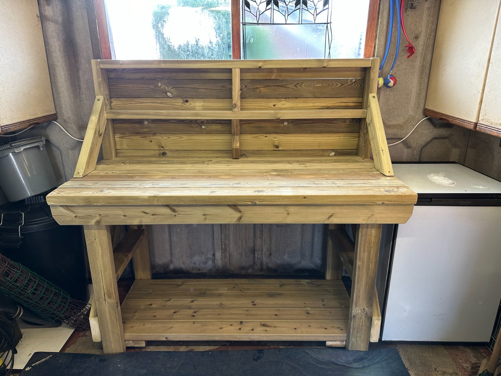 Indoor / Outdoor Wooden Workbench. Heavy duty Work Table With Backboard ...