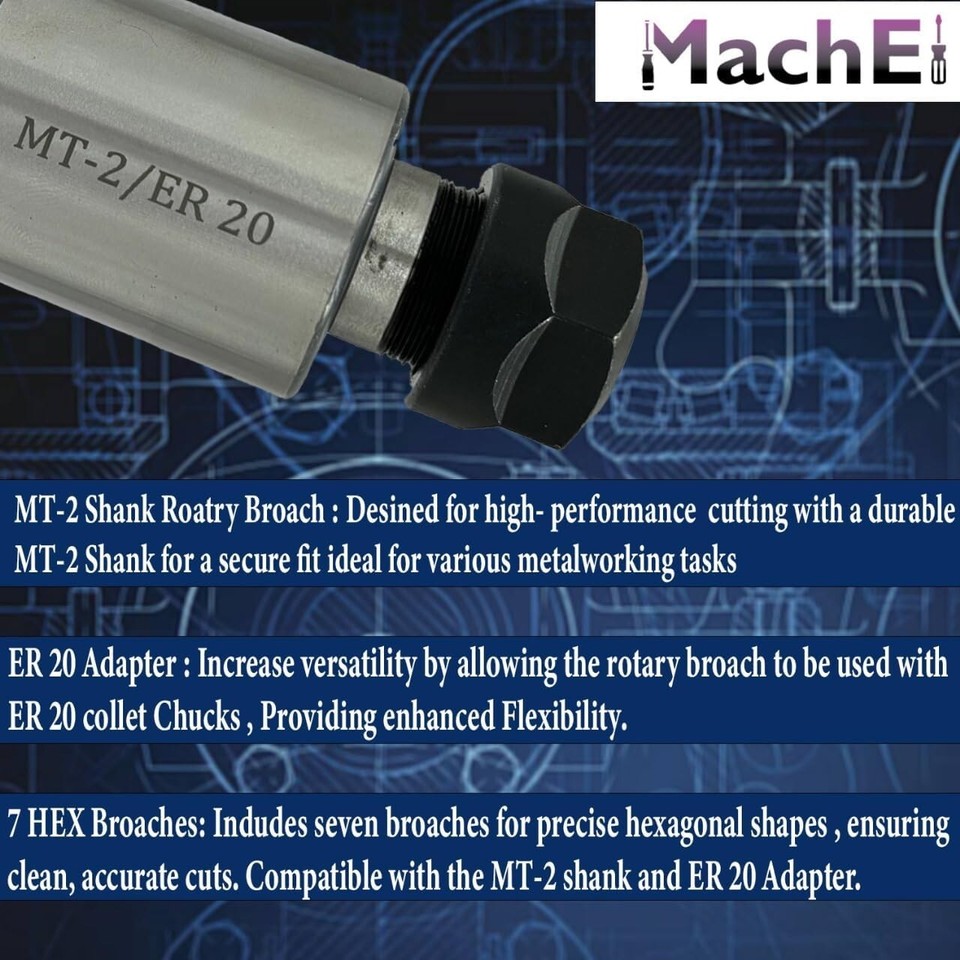 MachEl MT2 Shank Rotary Broach Kit with ER-20 Adapter & 7-Piece Hex ...