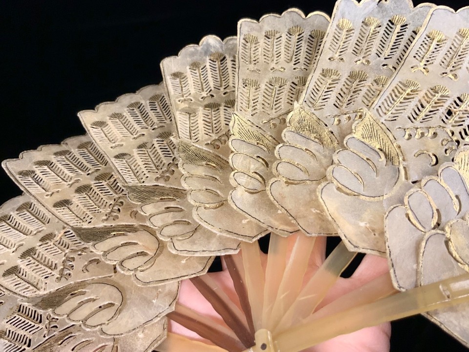 Antique Lady’s Fan Pierced Vellum Gold “Monture” Gilded Gold Dutch ...
