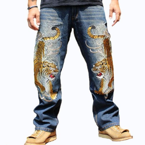 Mens Japanese Pattern Embroidery Ukiyo-e Tattoo Tiger Jeans Straight ...