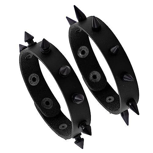 Black Leather Punk Bracelets Spiked Rivets Goth Wristband Biker Wrist ...